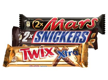 „Šokoladinis batonėlis TWIX XTRA; SNICKERS 2X, 3 rūšių, 2 pak. x 70–75 ...