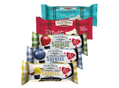 „VILKYŠKIŲ varškės sūreliai, 12 rūšių, 23–28 % rieb., 5 pak. x 40 g ...