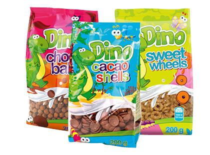 „Sausi pusryčiai DINO CHOCO BALLS; CACAO SHELLS; SWEET WHEELS, 200 g ...