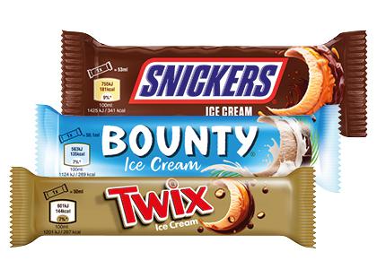Mazuma.lt | „Valgomieji ledai TWIX; BOUNTY; SNICKERS*, 3 rūšių, 39–48 g ...